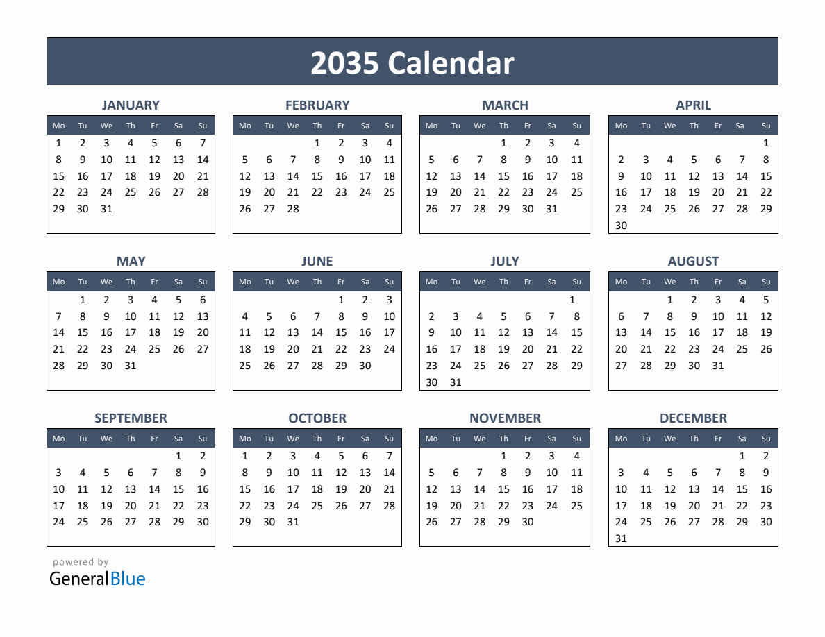 Basic Annual Calendar for Year 2035 with Monday Start