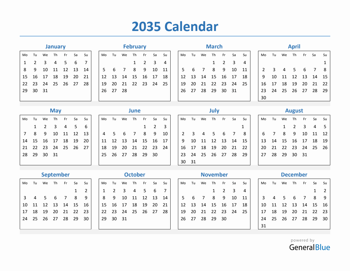 2035 Simple Yearly Calendar (PDF, Excel, Word) with Monday Start