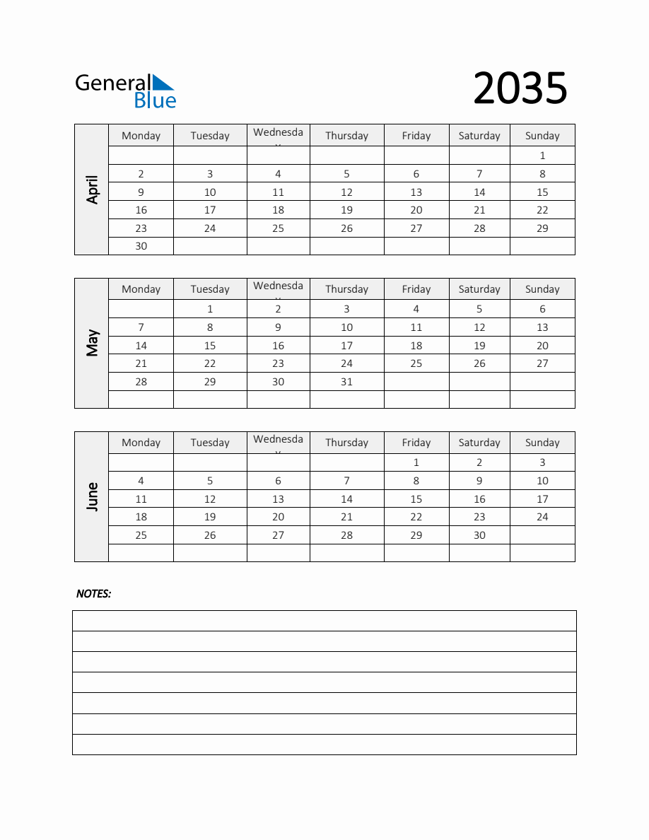 Q2 2035 Calendar Template with Notes in PDF, Word, and Excel - Monday Start