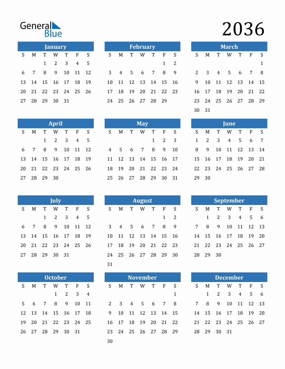 2036 Yearly Calendar