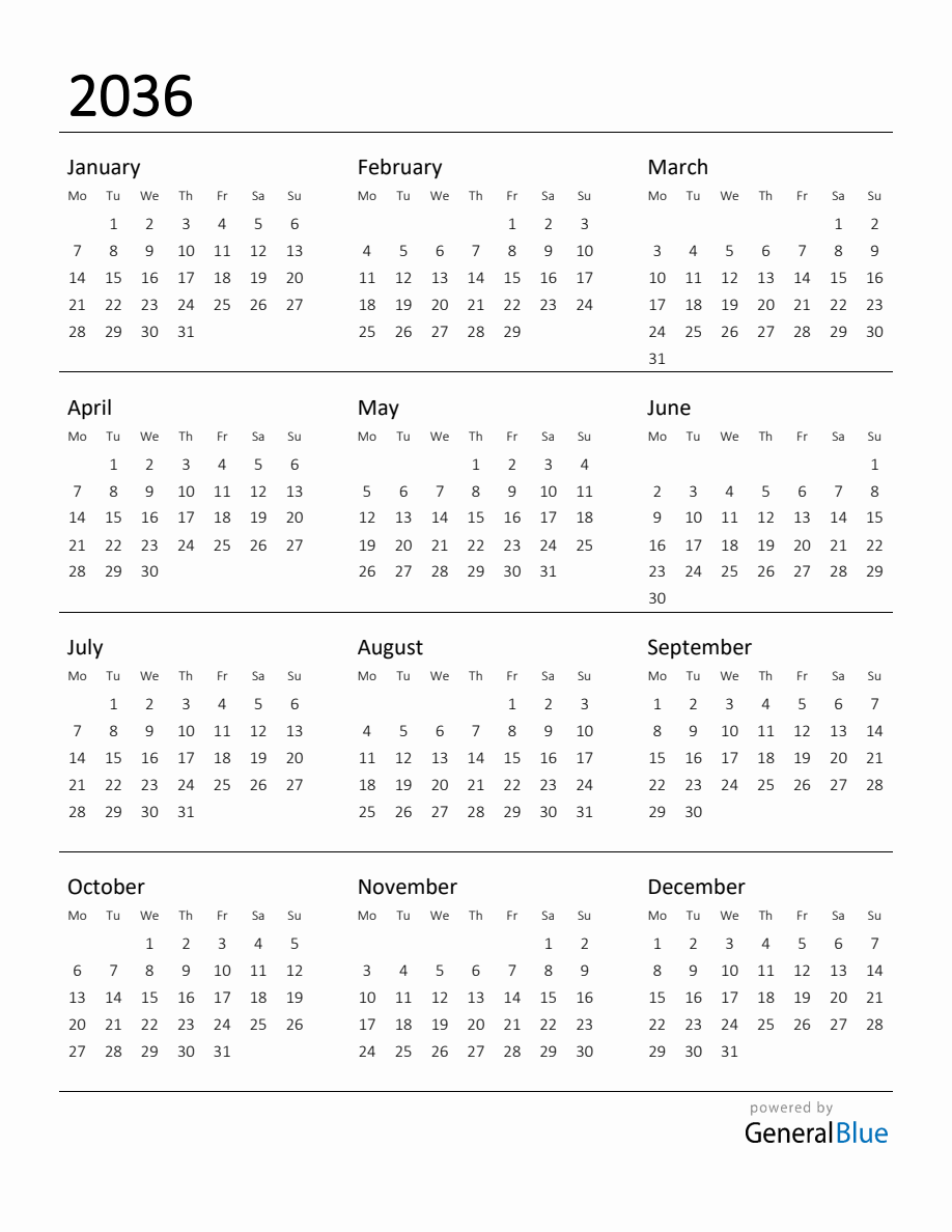 Printable Calendar for 2036 with Monday Start