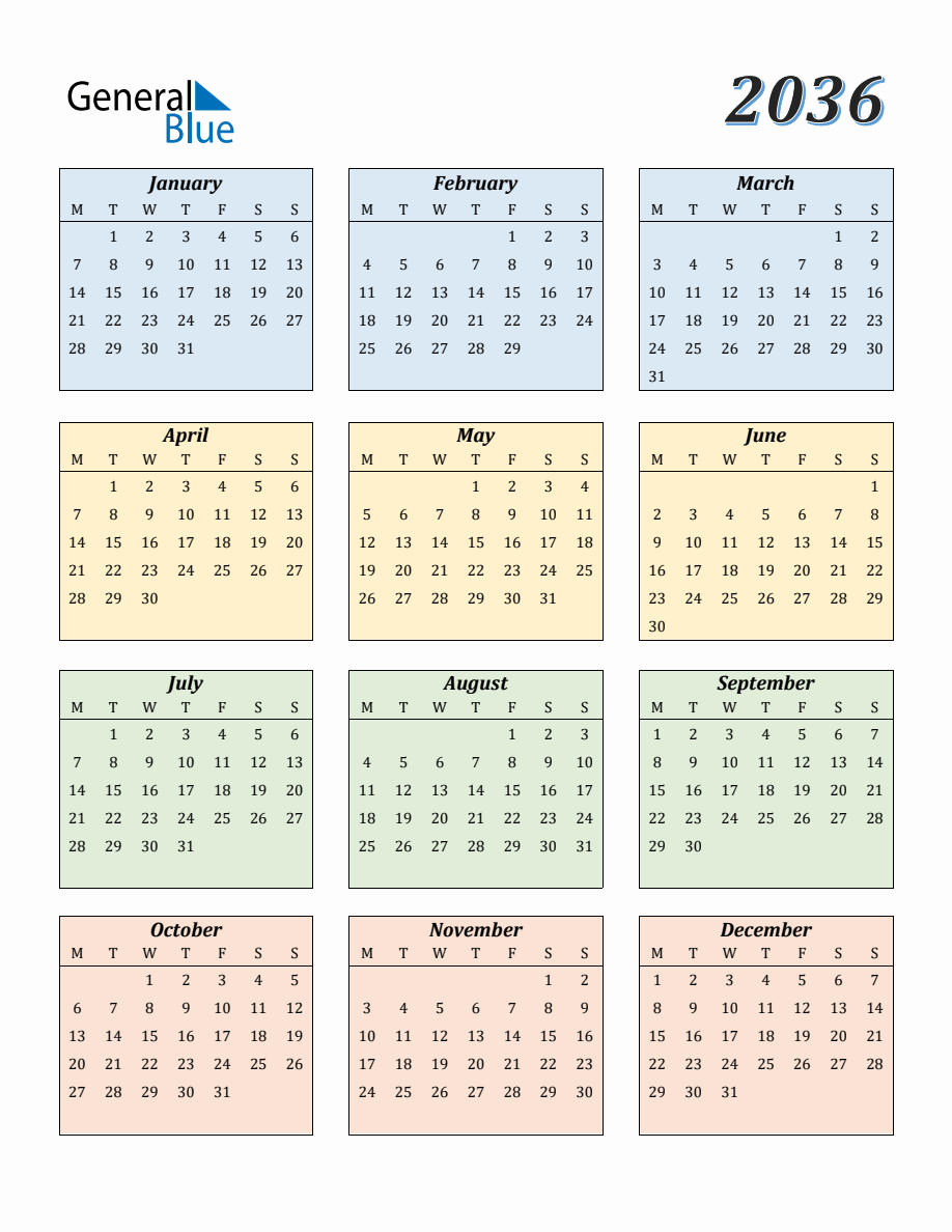 Calendar for Year 2036