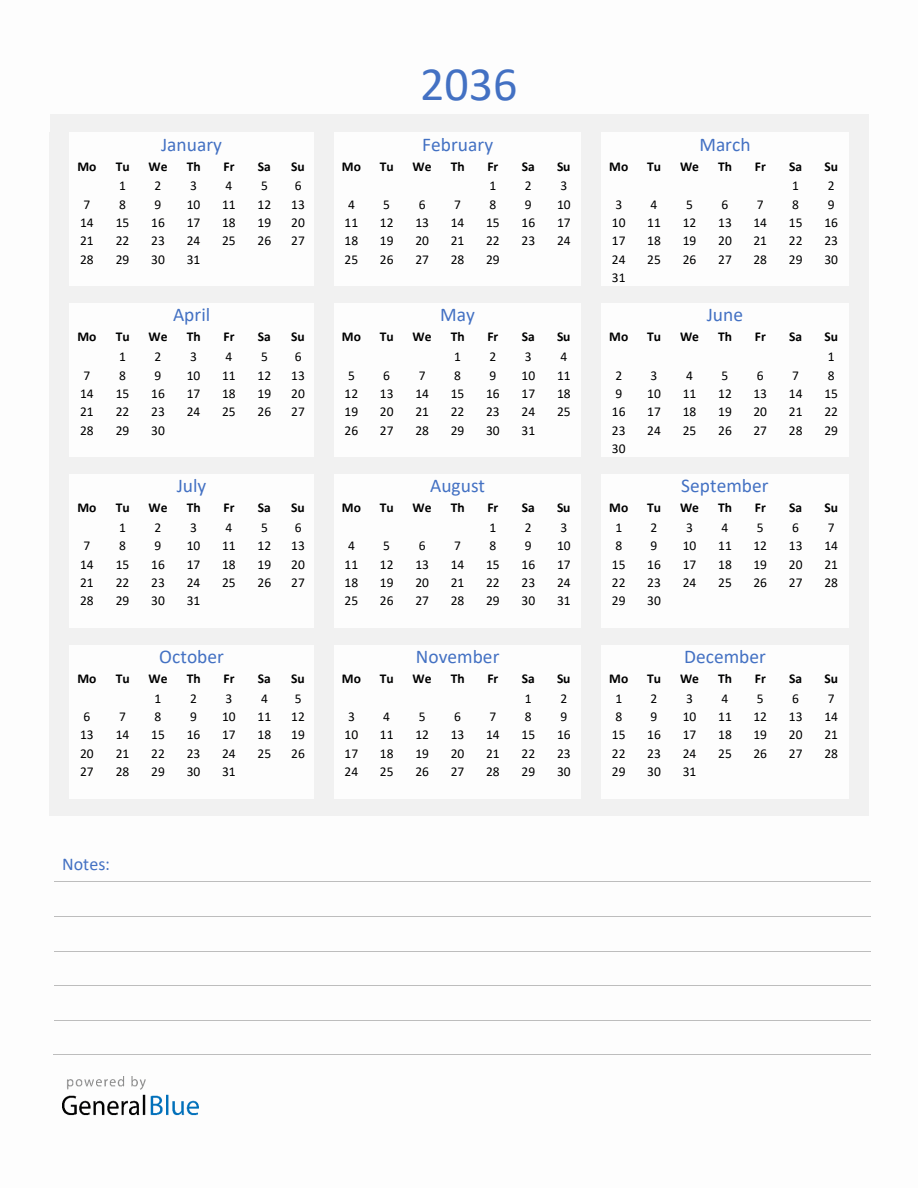 2036 Yearly Calendar with Notes with Monday Start