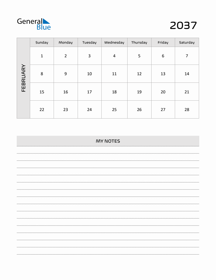 February 2037 Printable Monthly Calendar with Notes