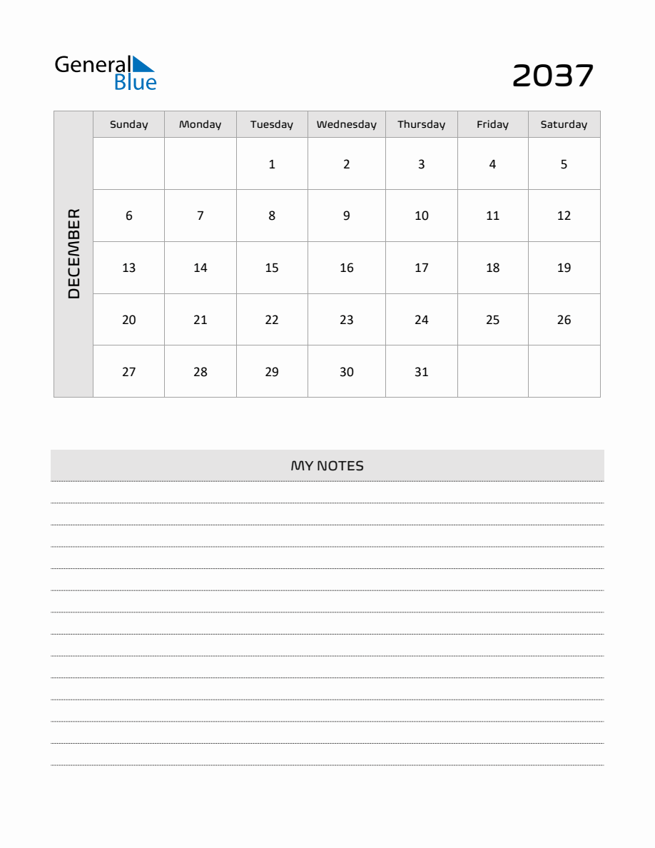 December 2037 Printable Monthly Calendar with Notes