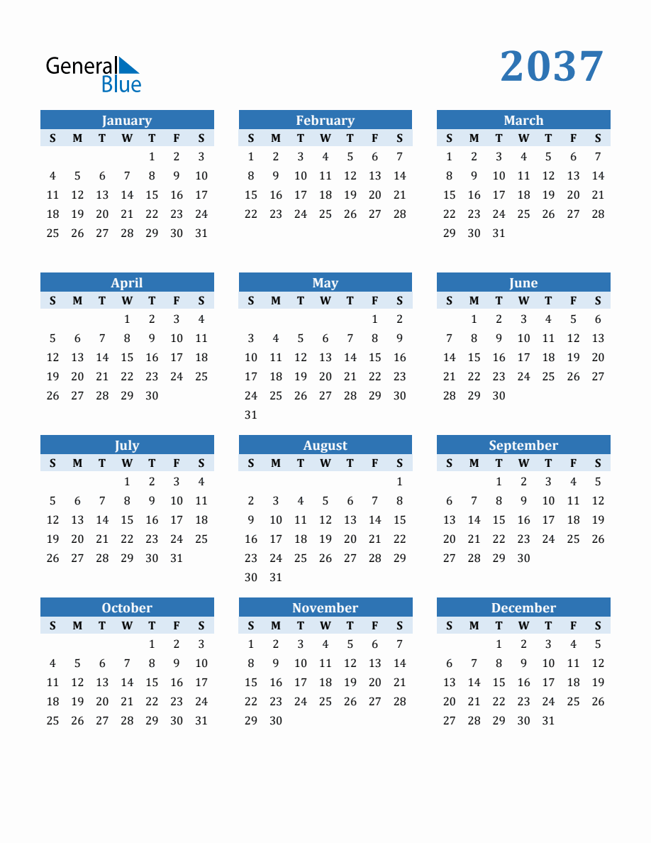 Free 2037 Year Calendar in PDF, Word, and Excel