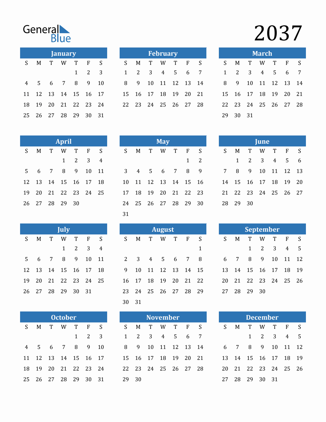 Free 2037 Calendars in PDF, Word, Excel