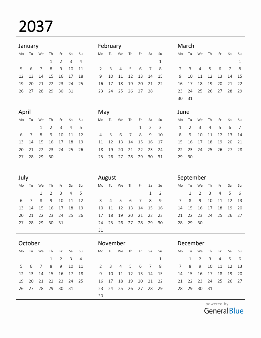 Printable Calendar for 2037 with Monday Start