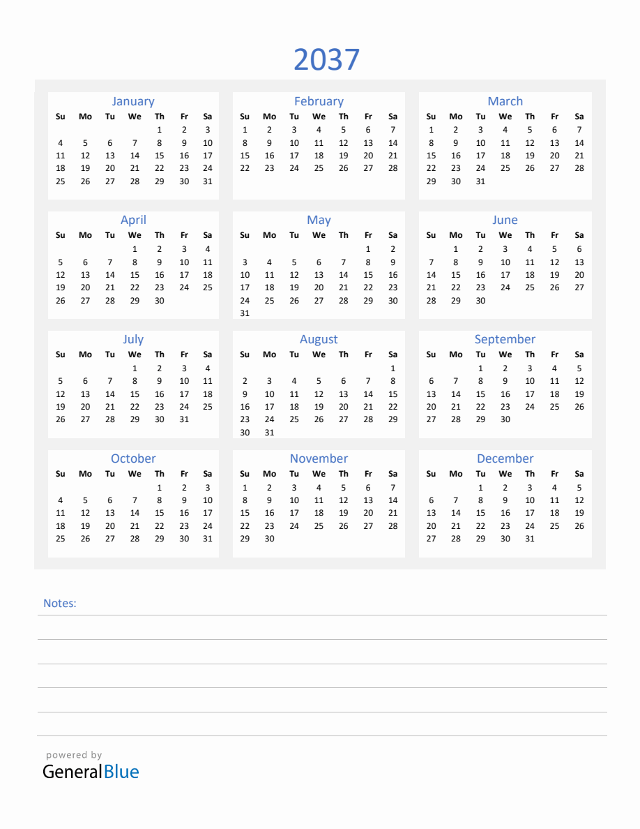 2037 Yearly Calendar with Notes