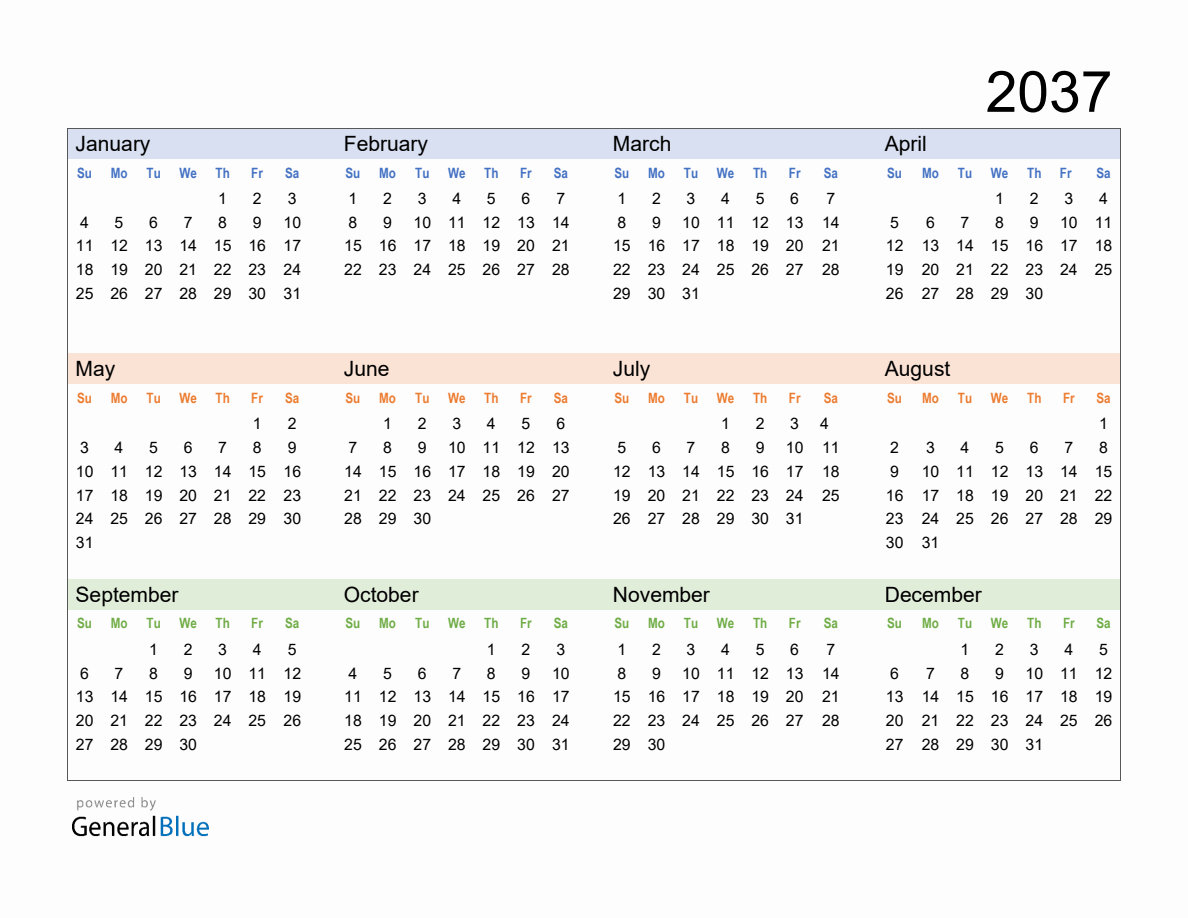 Free Downloadable 2037 Yearly Calendar Template
