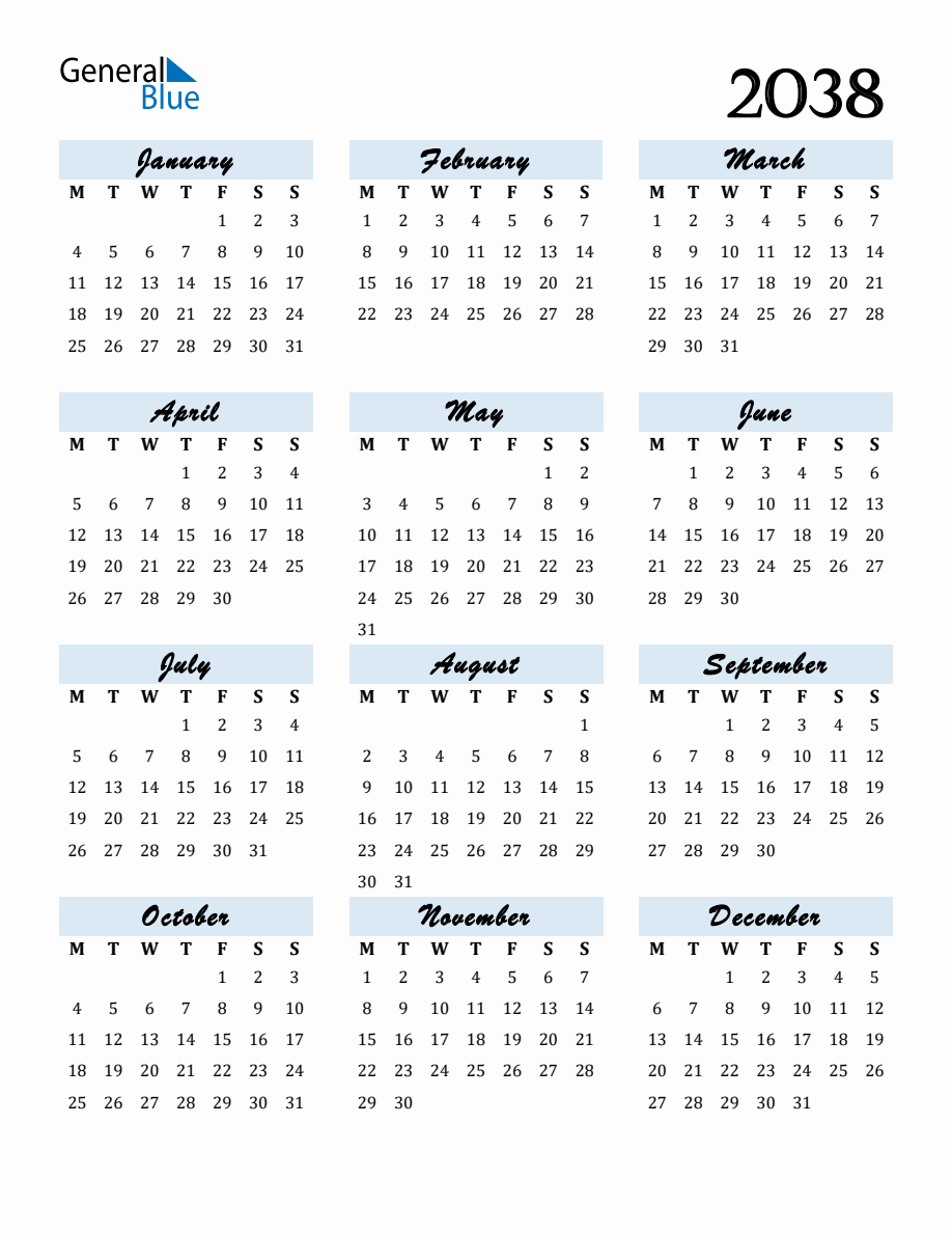 Free Downloadable Calendar for Year 2038 with Monday Start
