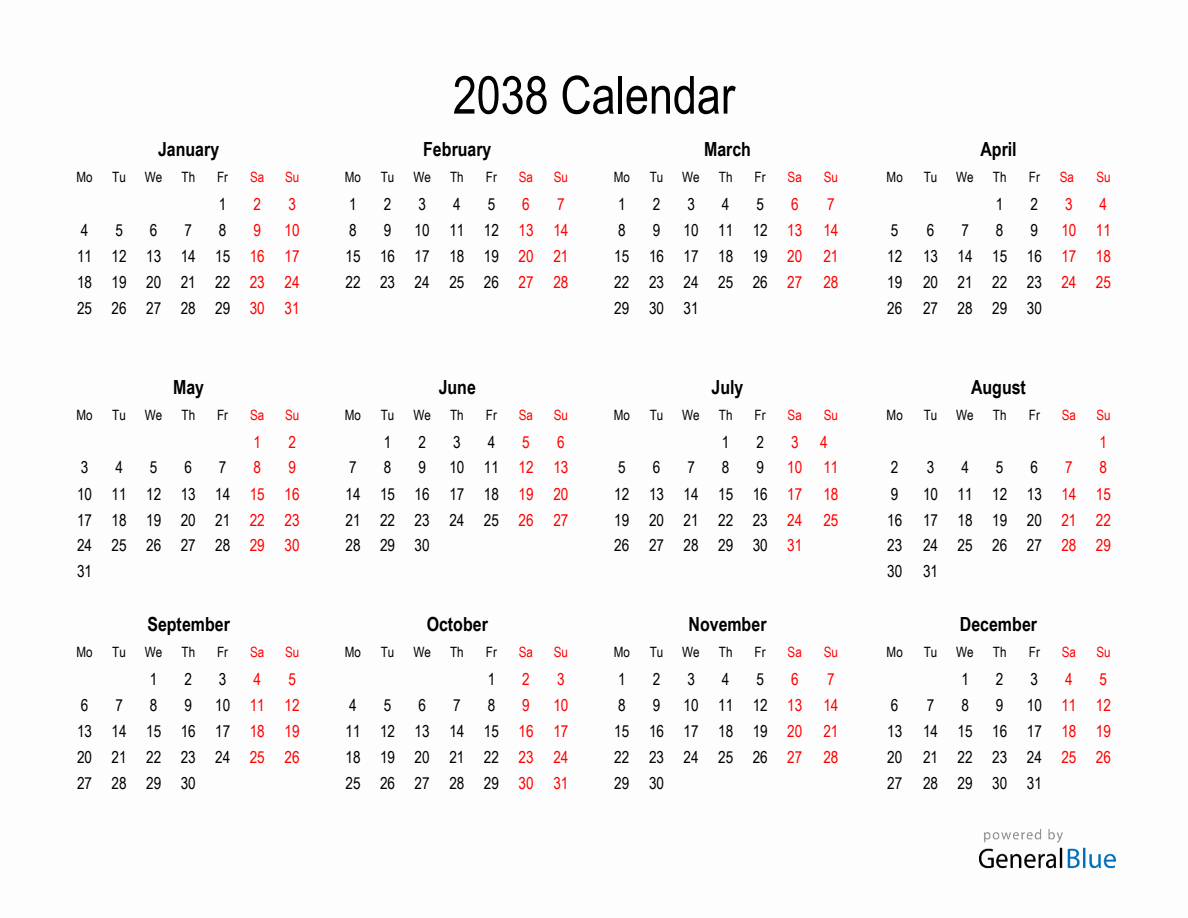 Printable Yearly Calendar for 2038 (with Red Weekend) with Monday Start