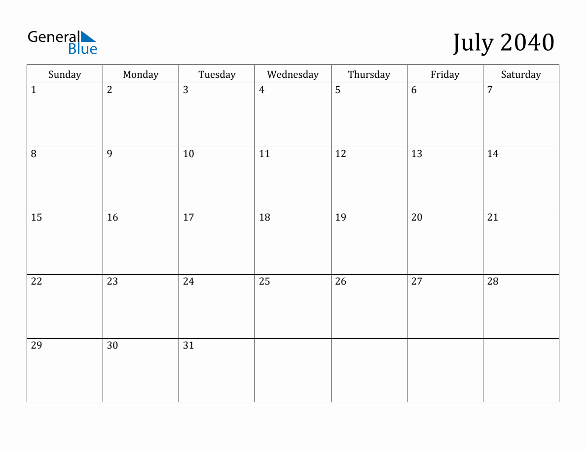 July 2040 Monthly Calendar