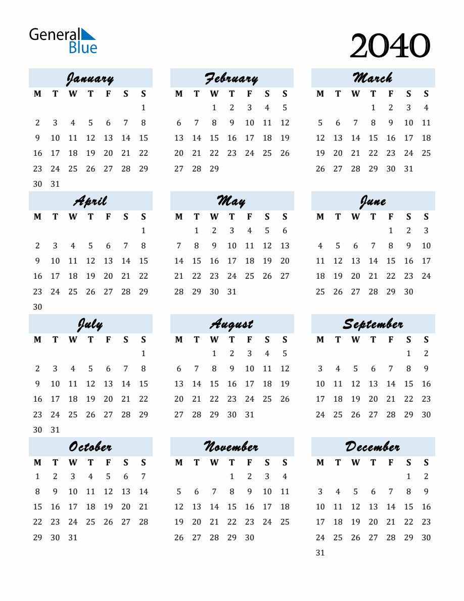 Free Downloadable Calendar for Year 2040 with Monday Start