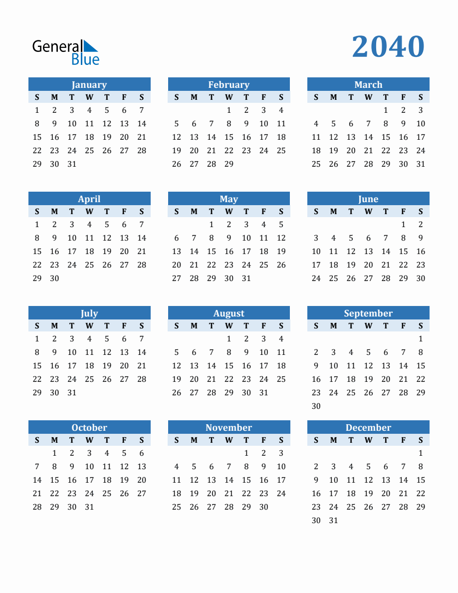 Free 2040 Year Calendar in PDF, Word, and Excel
