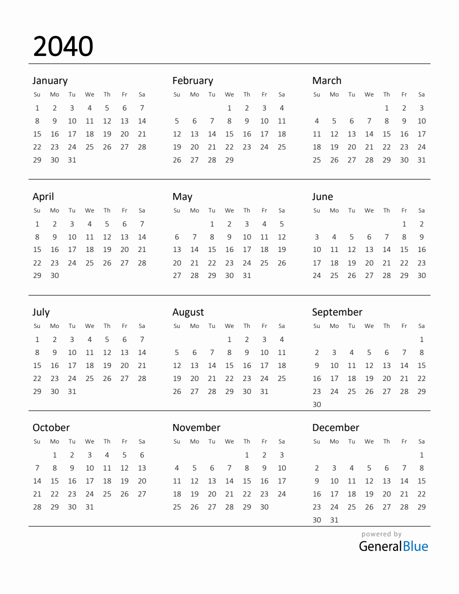 Printable Calendar for 2040
