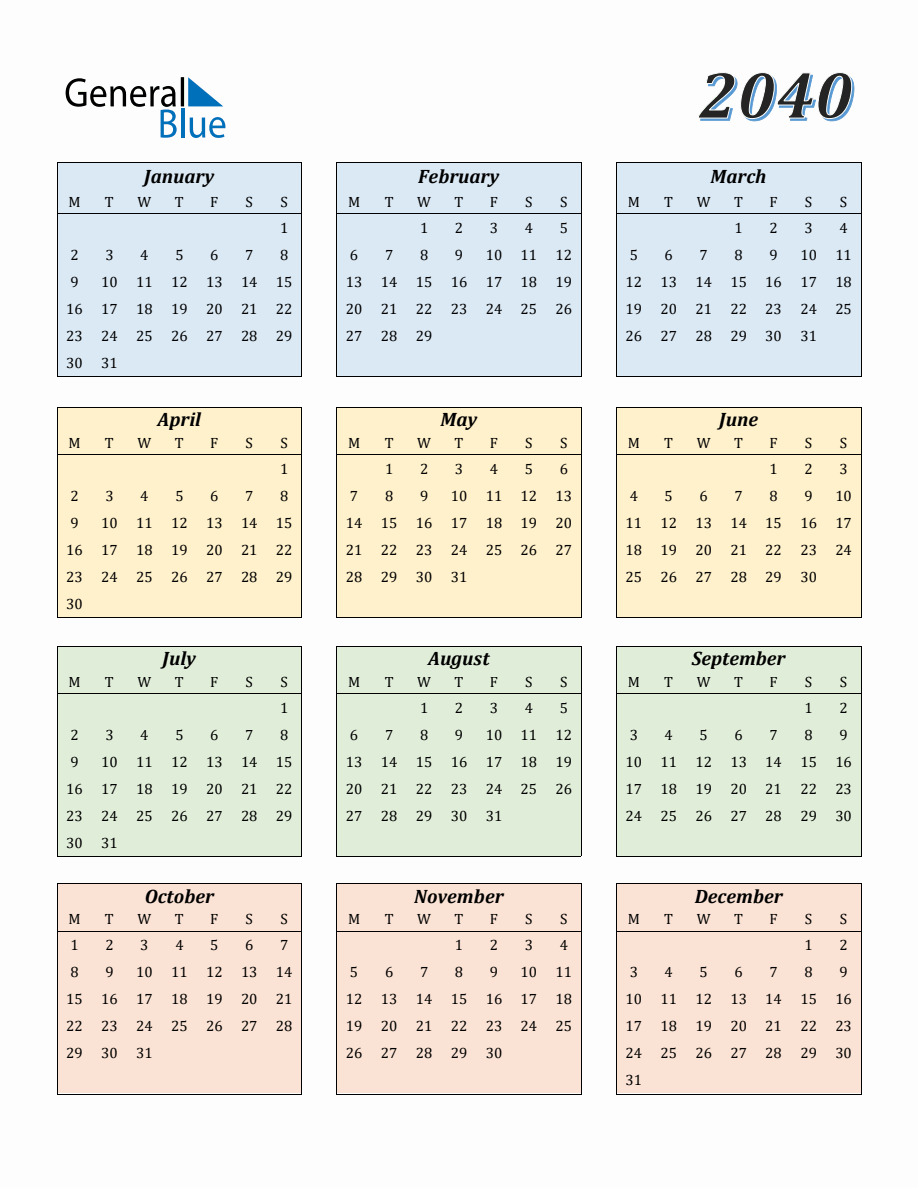 Calendar for Year 2040 with Monday Start