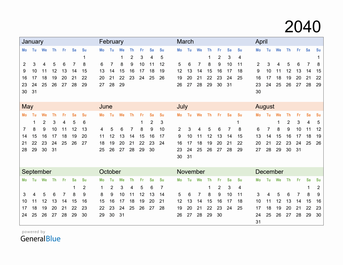 Free Downloadable 2040 Yearly Calendar Template with Monday Start