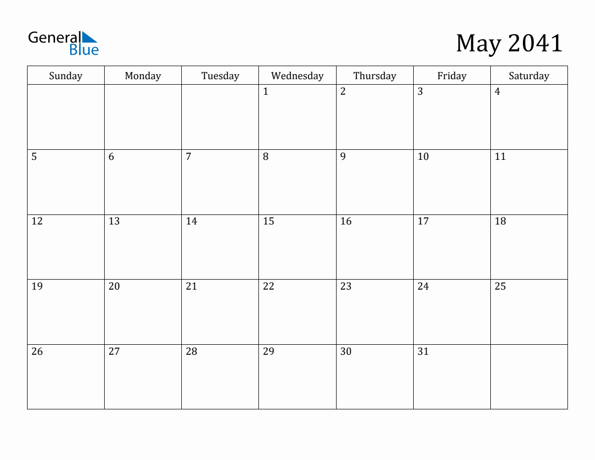 May 2041 Monthly Calendar