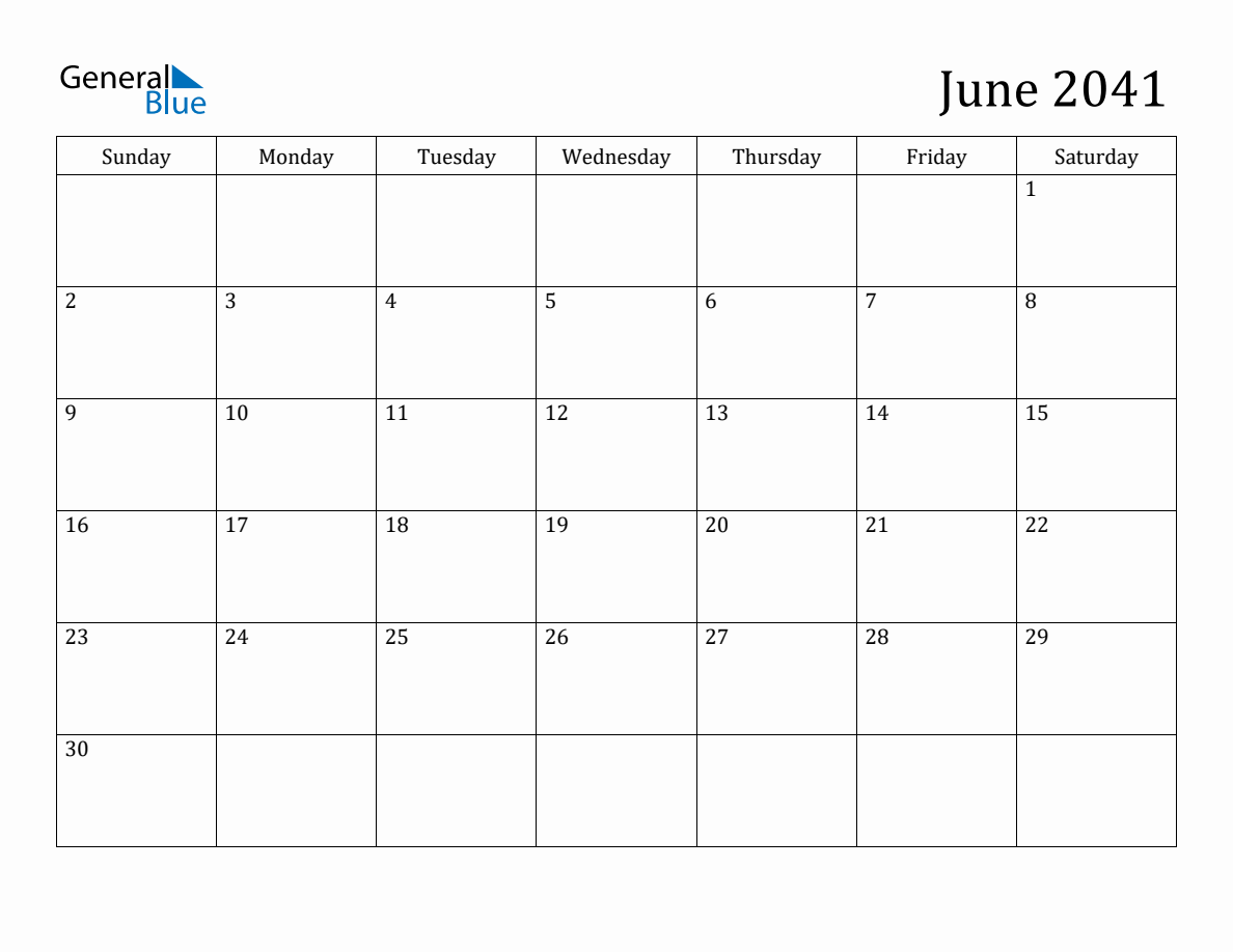 June 2041 Monthly Calendar