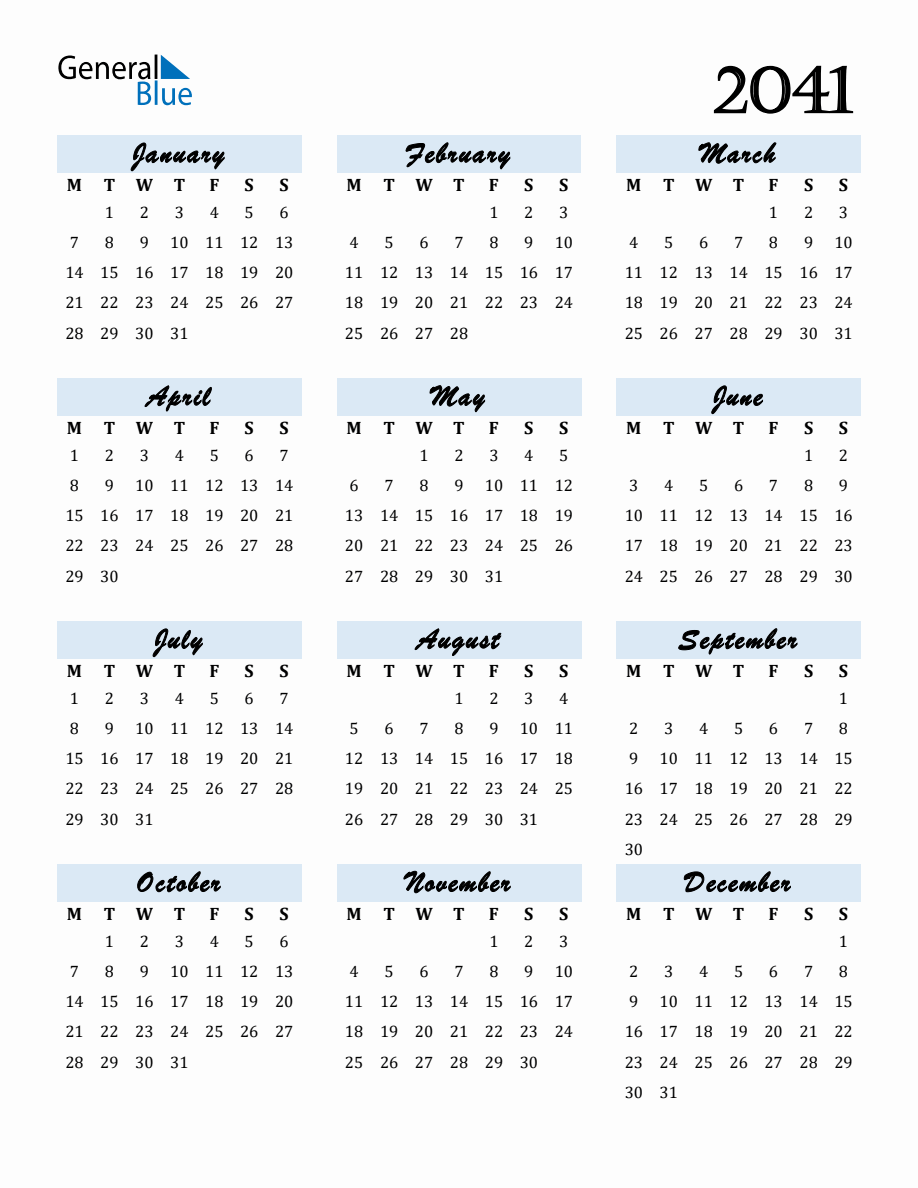 Free Downloadable Calendar for Year 2041