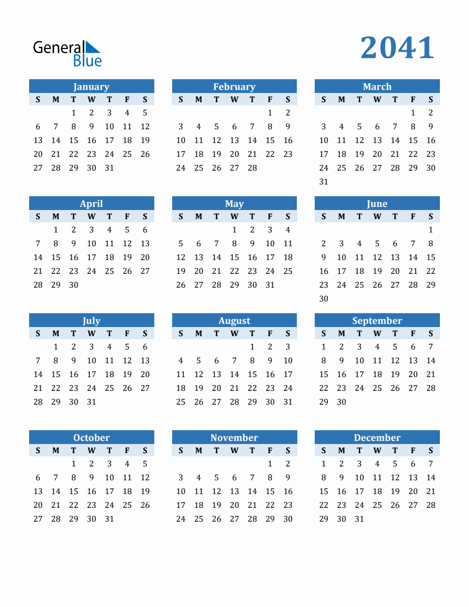Free 2041 Year Calendar in PDF, Word, and Excel