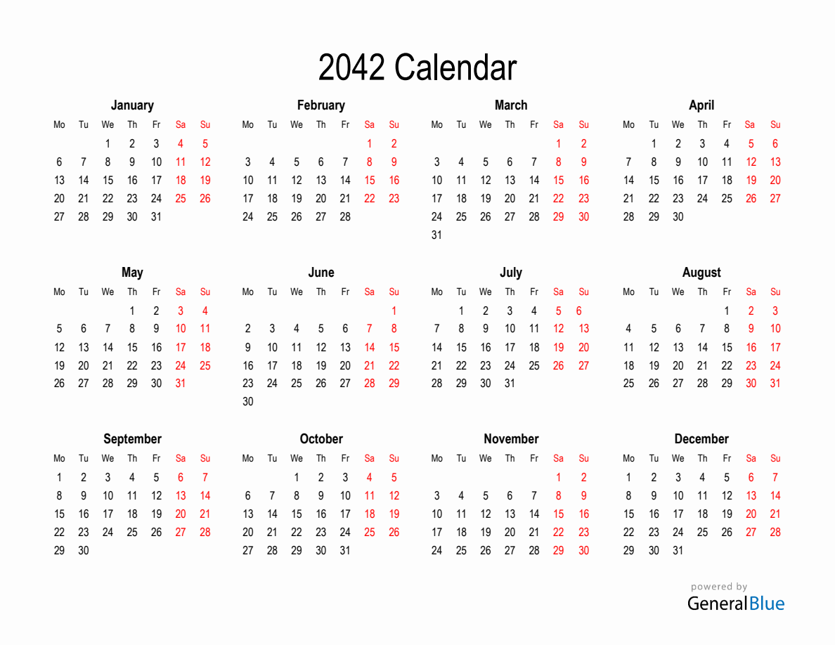 Printable Yearly Calendar for 2042 (with Red Weekend) with Monday Start