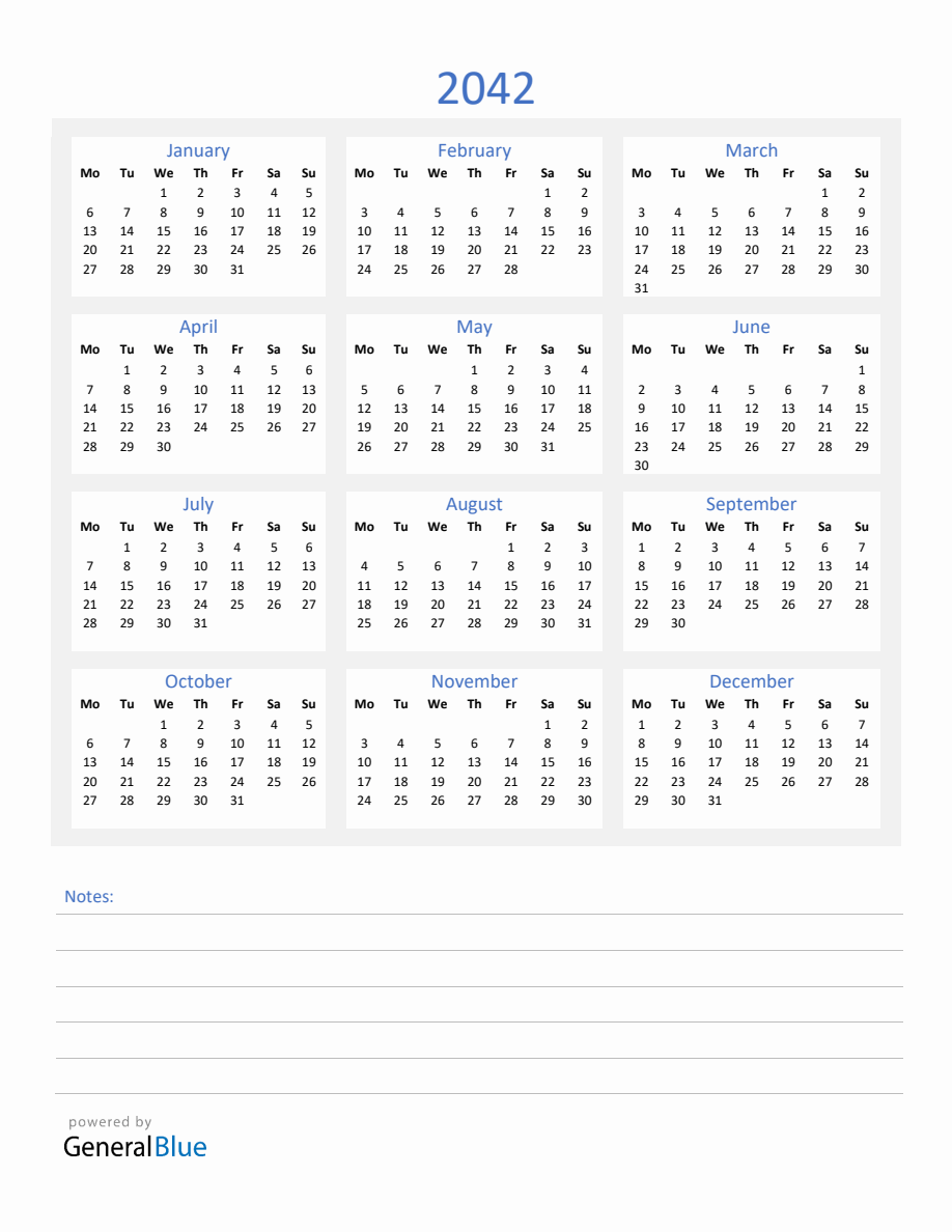 2042 Yearly Calendar with Notes with Monday Start