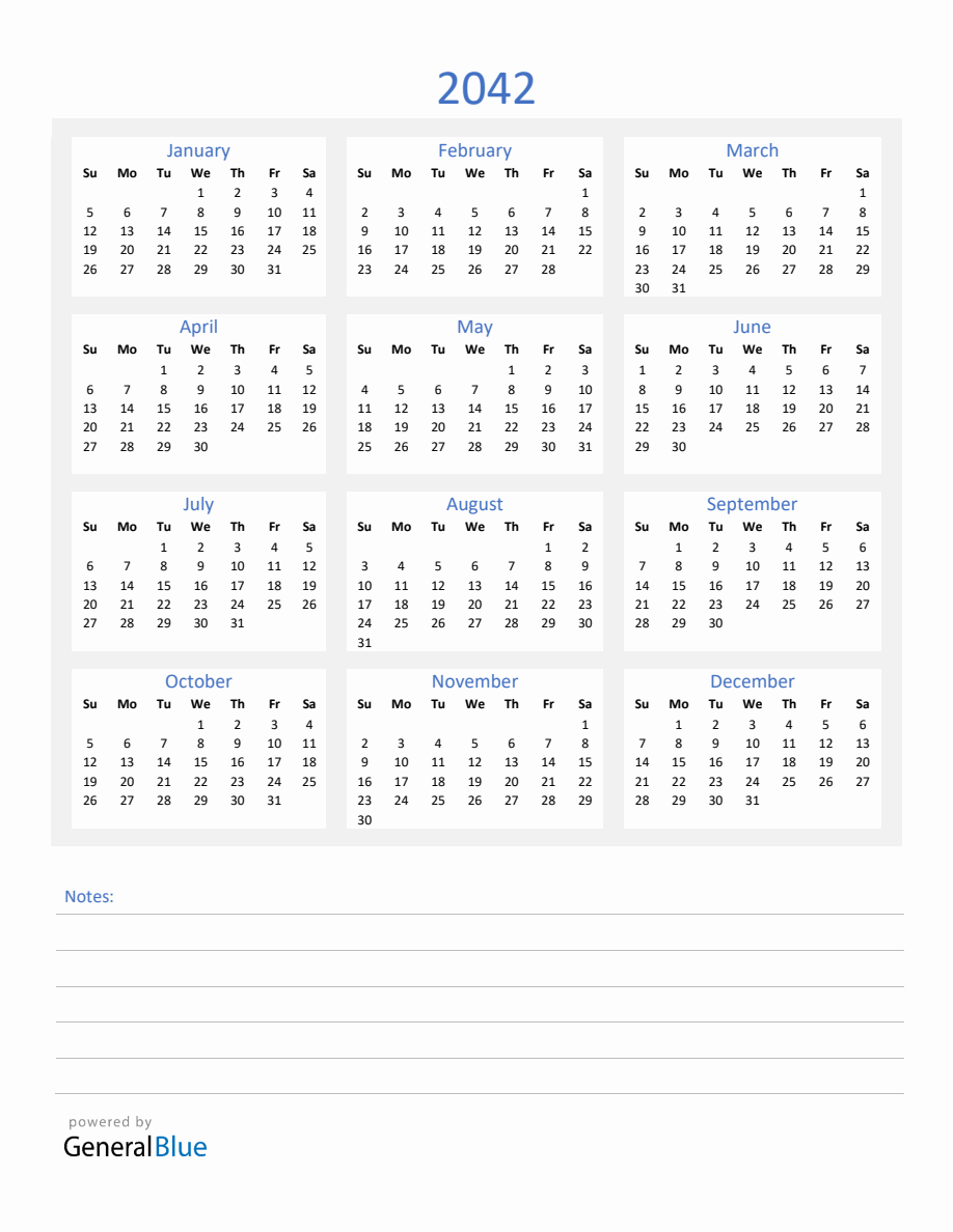 2042 Yearly Calendar with Notes