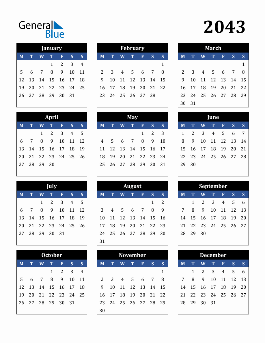 Editable 2043 Calendar