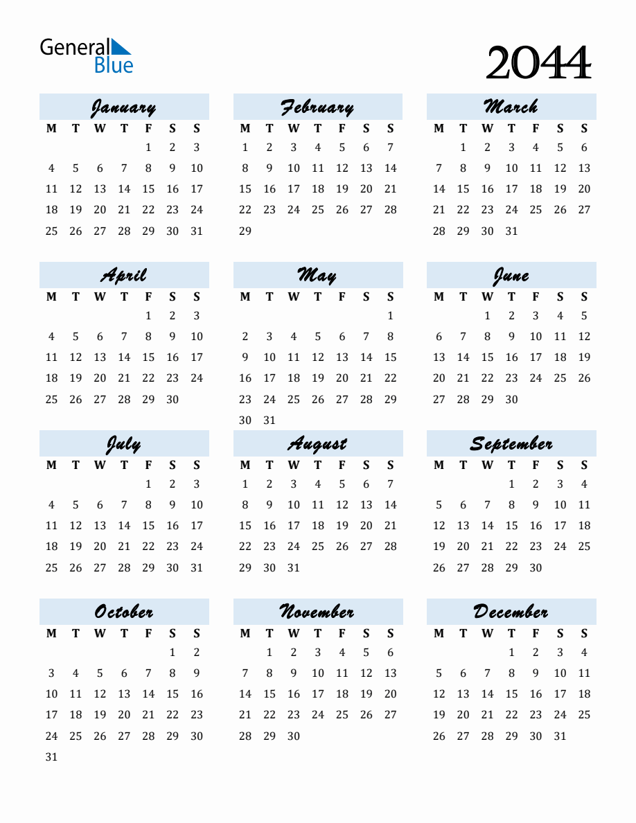 Free Downloadable Calendar for Year 2044 with Monday Start