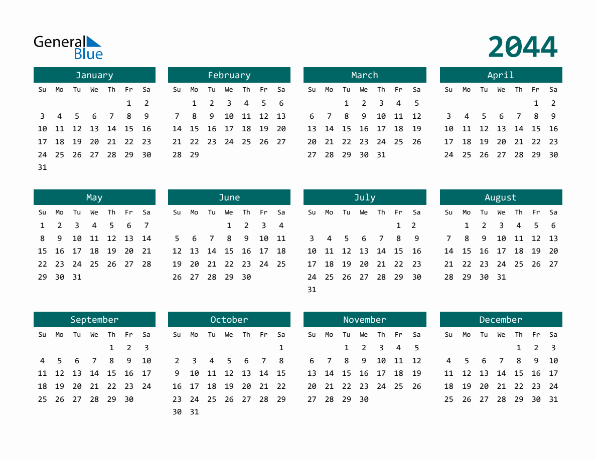 2044 Full-Year Calendar