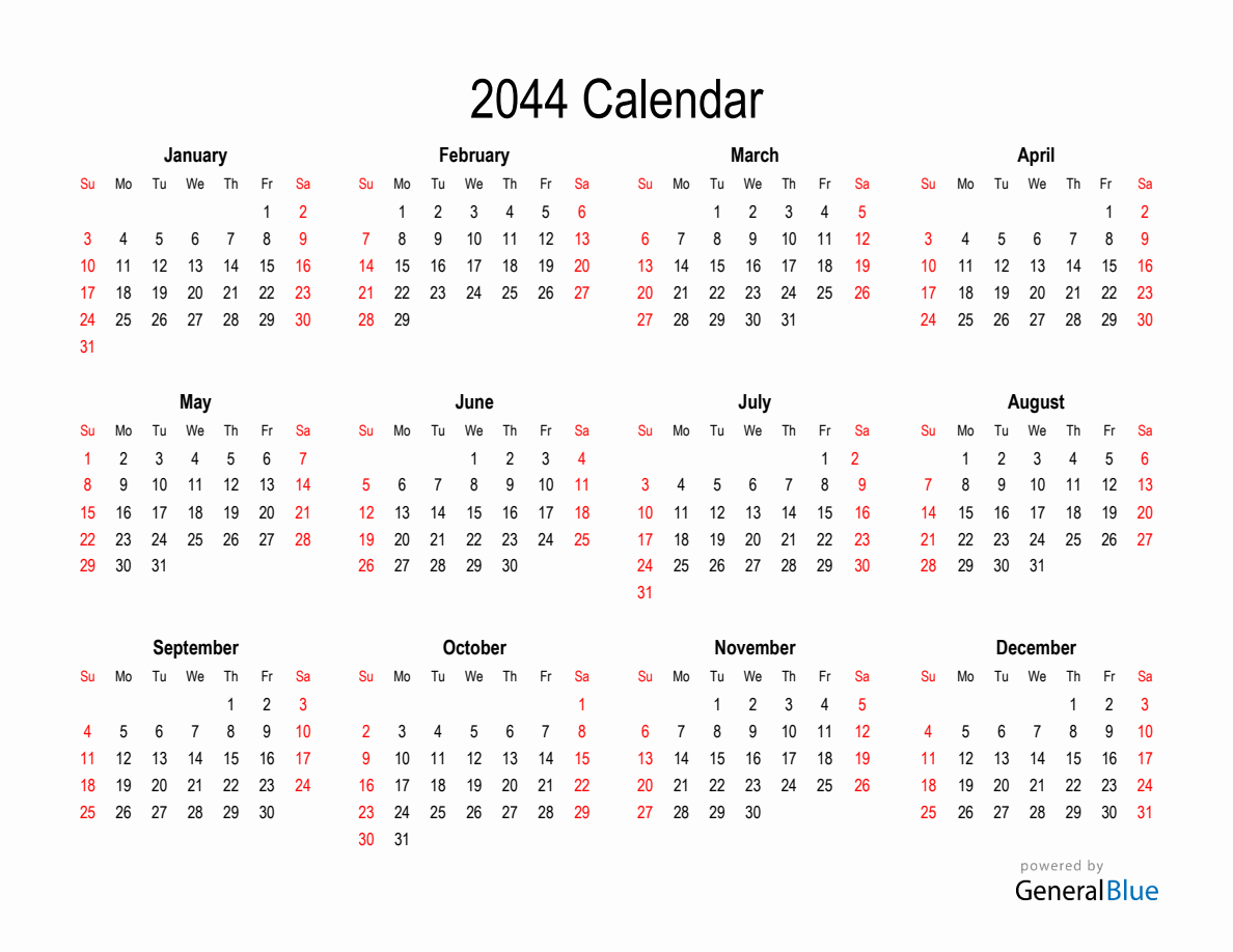Printable Yearly Calendar for 2044 (with Red Weekend)