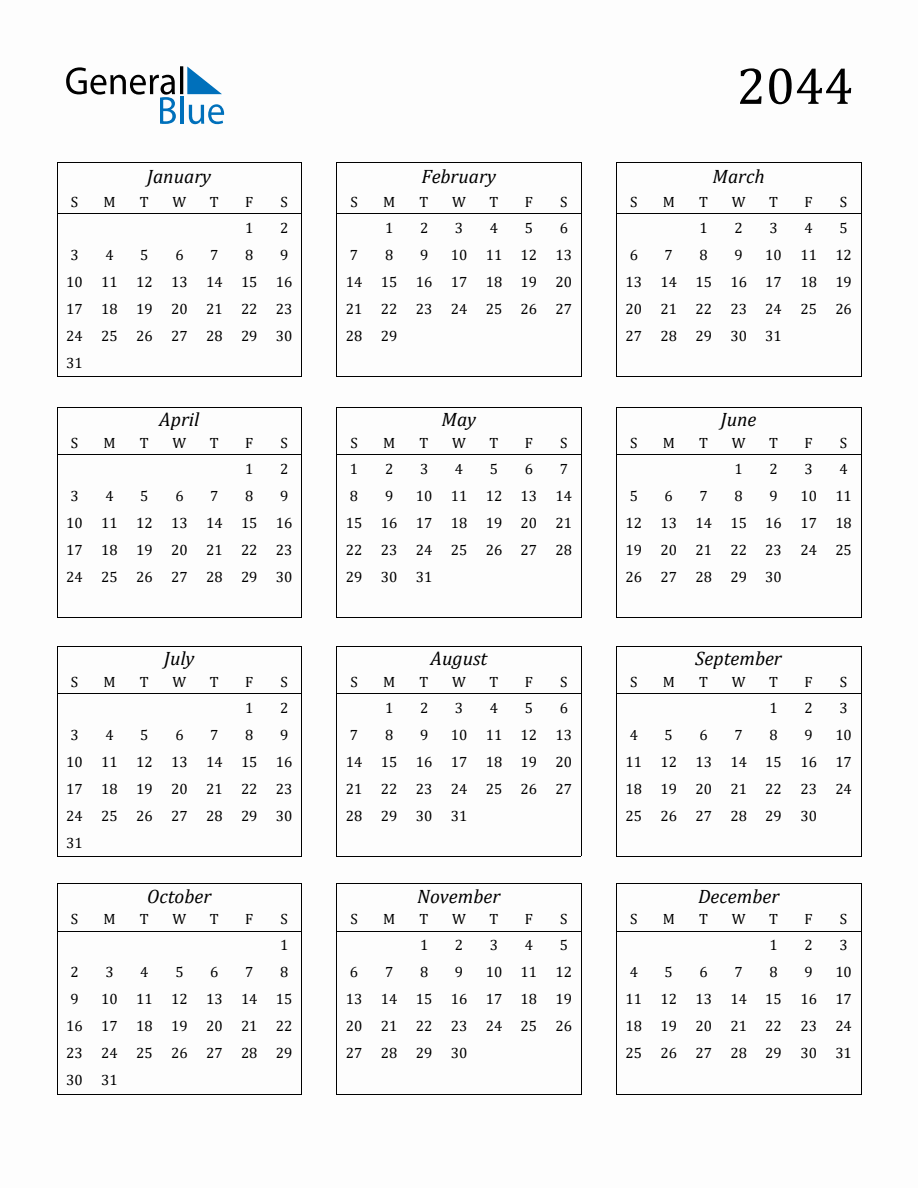 2044 Blank Yearly Calendar Printable
