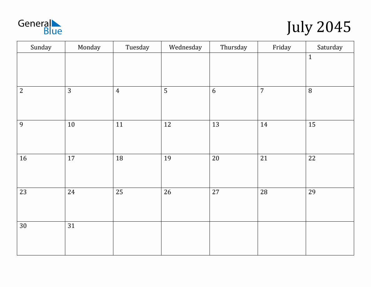 July 2045 Monthly Calendar
