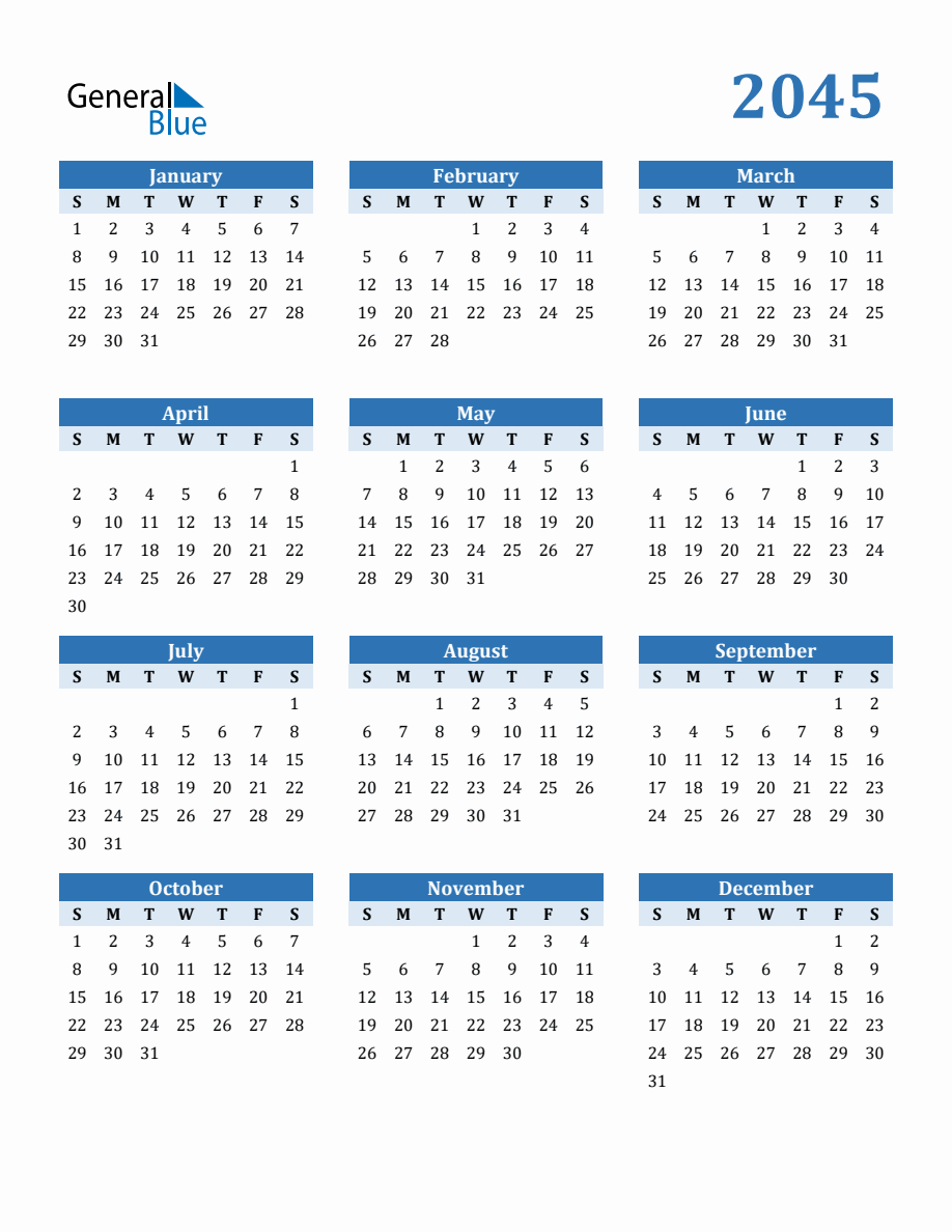 Free 2045 Year Calendar in PDF, Word, and Excel