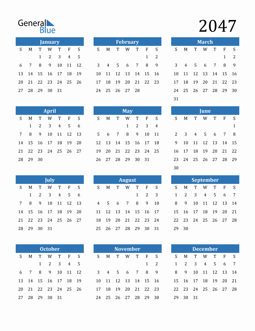 2047 Yearly Calendar Templates with Monday Start