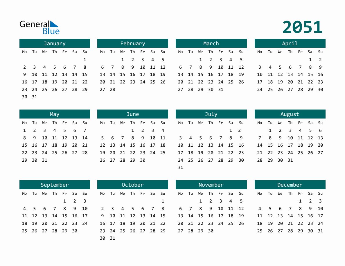 2051 Full-Year Calendar with Monday Start