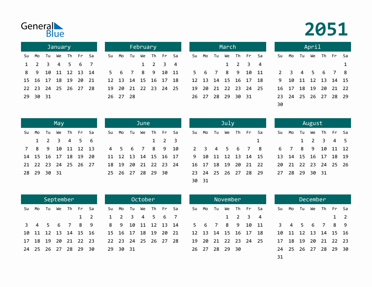 2051 Full-Year Calendar