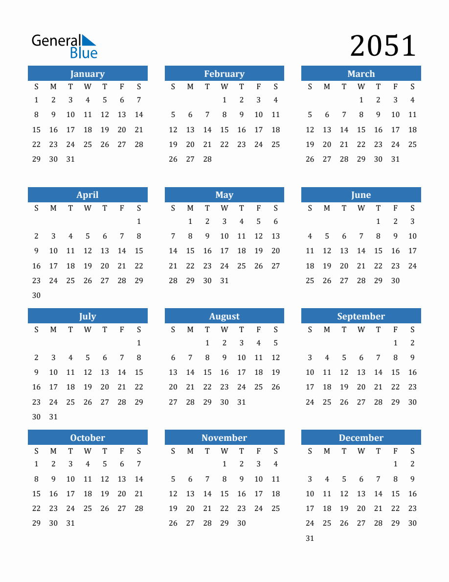 2051 Yearly Calendar