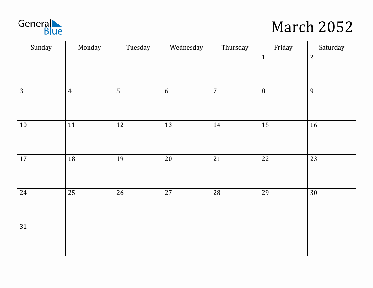 March 2052 Monthly Calendar