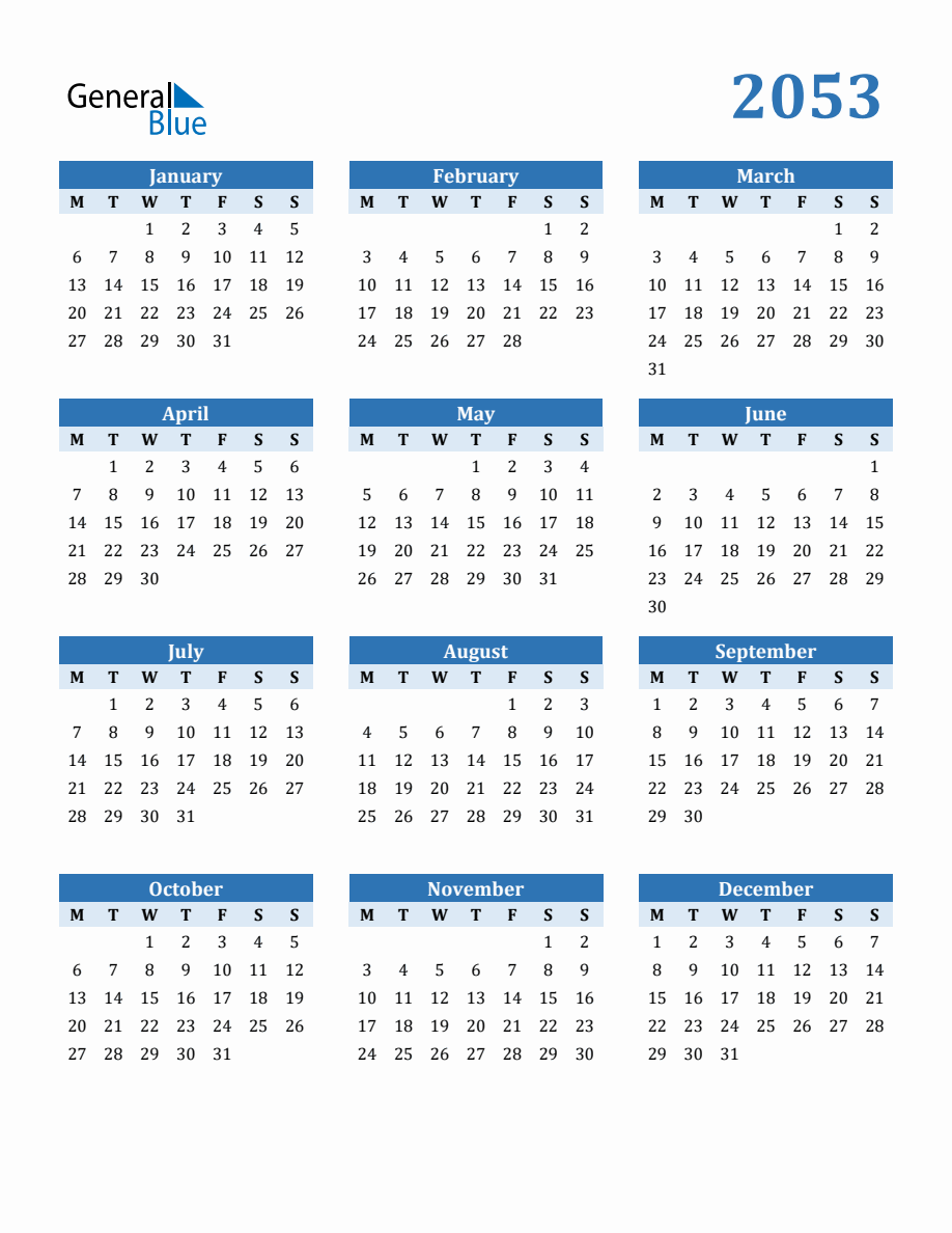 Free 2053 Year Calendar in PDF, Word, and Excel with Monday Start