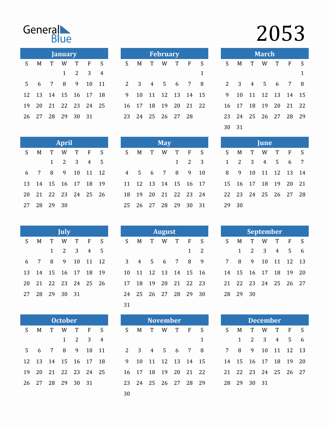 Free 2053 Calendars in PDF, Word, Excel