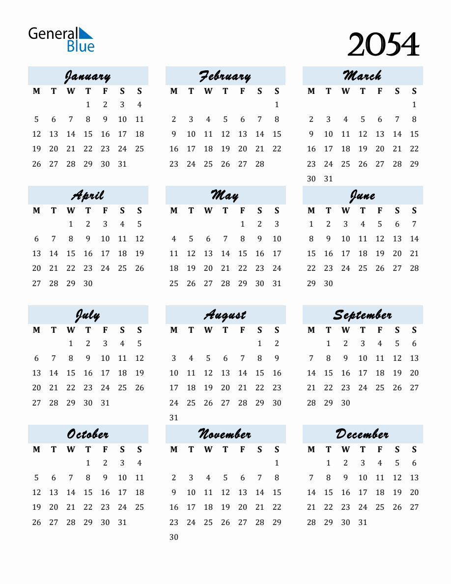 Free Downloadable Calendar for Year 2054