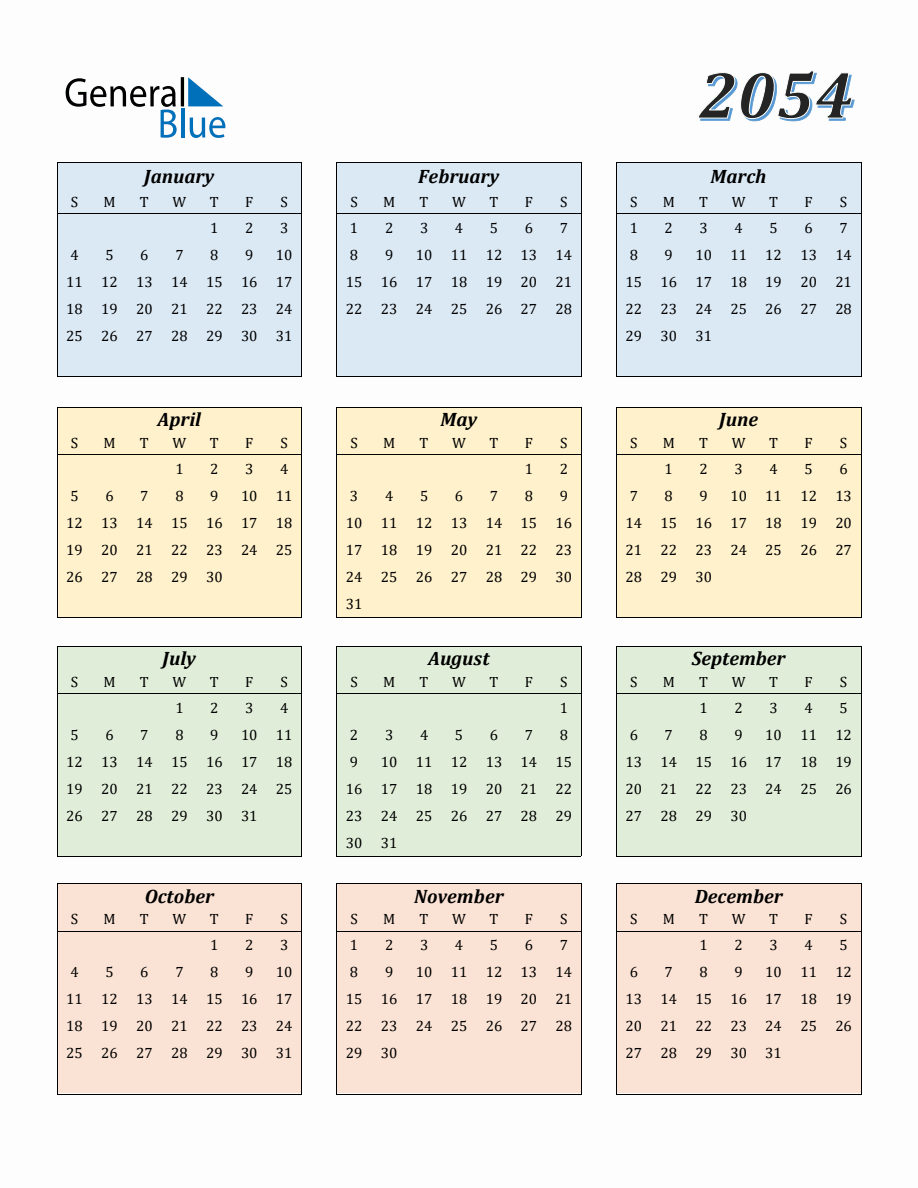 Calendar for Year 2054