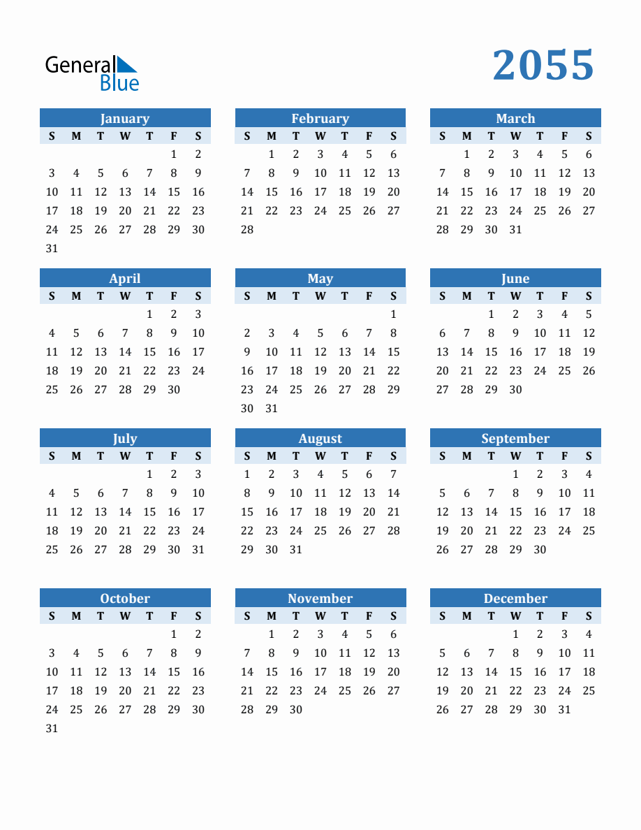 Free 2055 Year Calendar in PDF, Word, and Excel