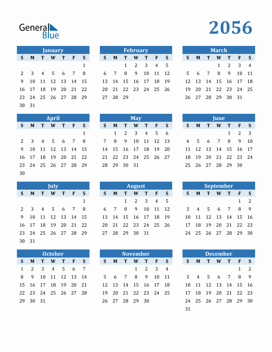 Free 2056 Year Calendar in PDF, Word, and Excel