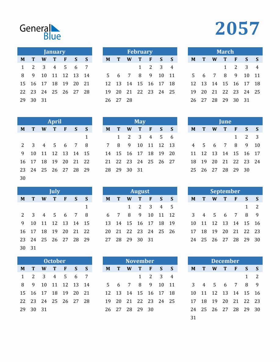 Free 2057 Year Calendar in PDF, Word, and Excel with Monday Start