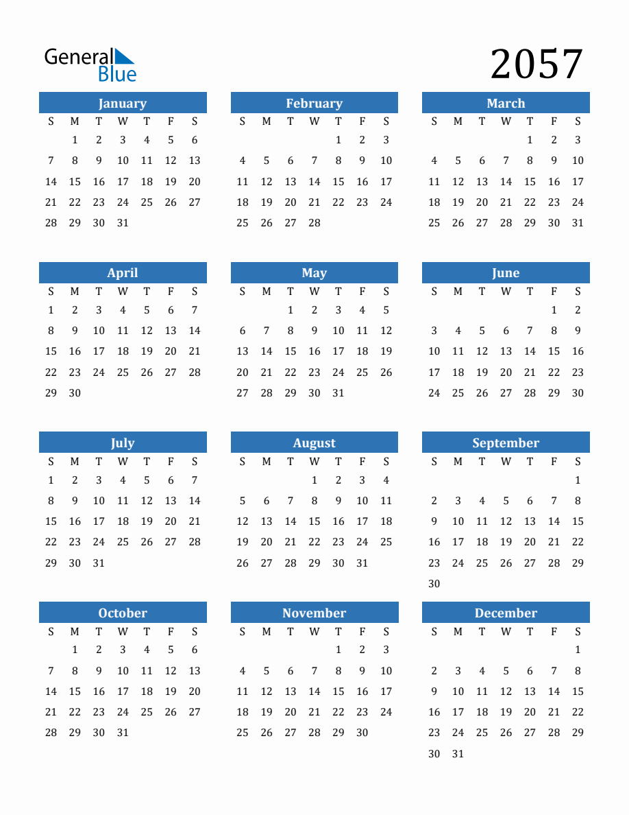2057 Yearly Calendar