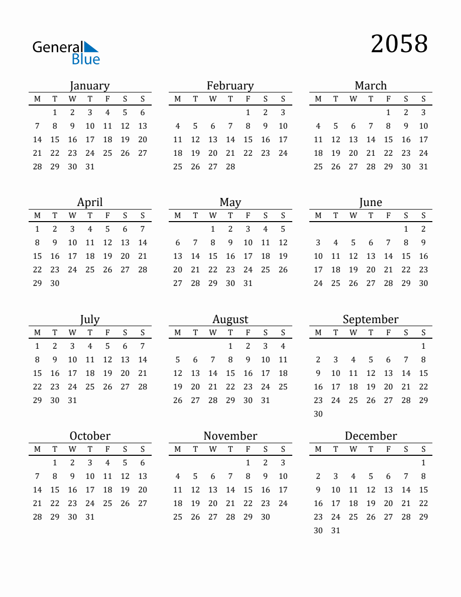 Year 2058 Free Printable 12-Month Calendar with Monday Start
